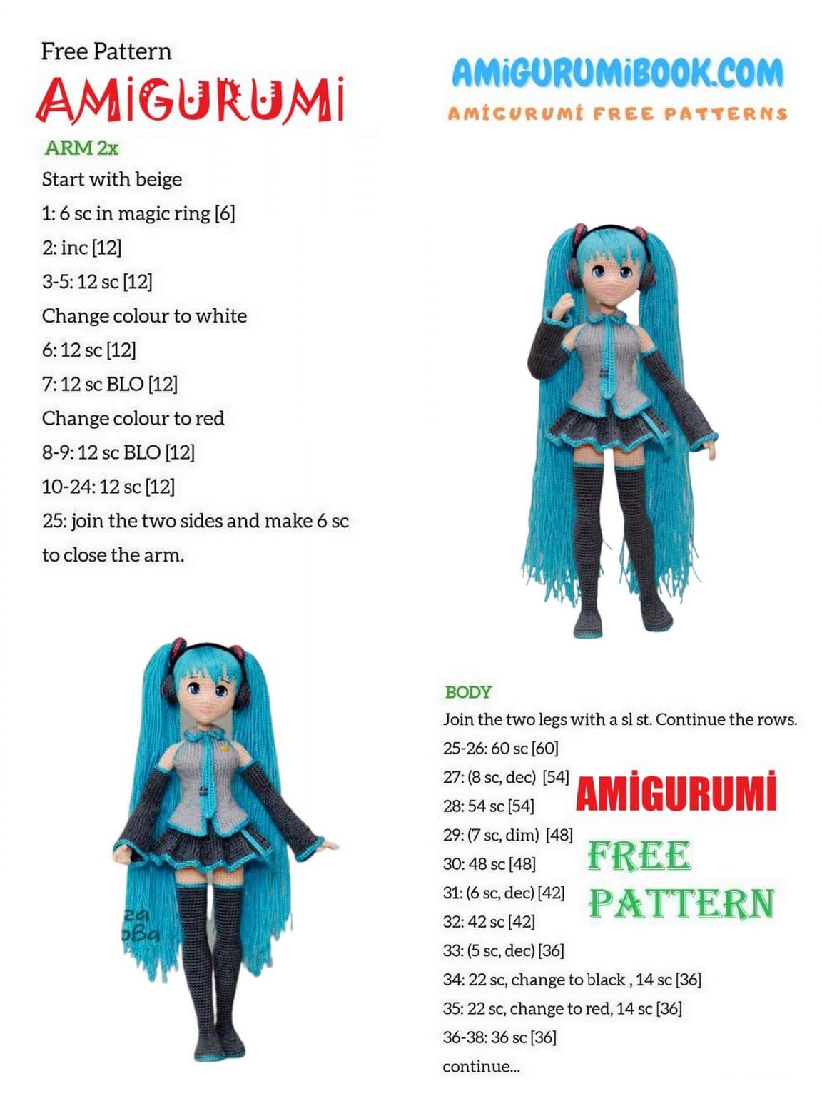 Hatsune Miku Amigurumi Free Pattern - Free Amigurumi Crochet Patterns